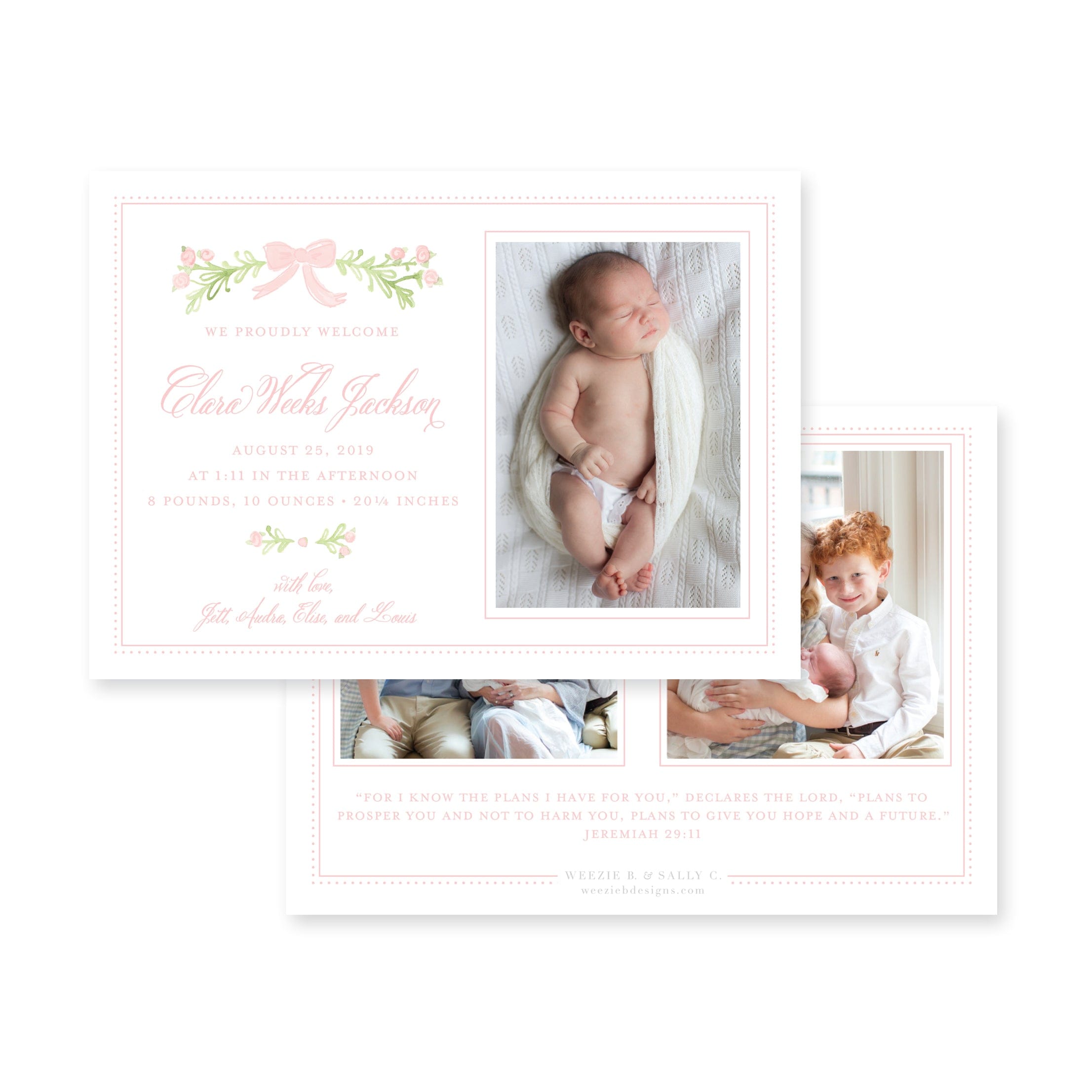 Sweet Watercolor Laurel Horizontal Birth Announcement – Weezie B. Studio